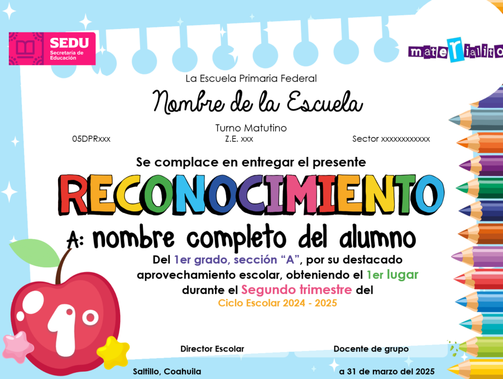 EDITABLE - Reconocimientos Escolares - Diseño: Colores y manzanas - materialitos
